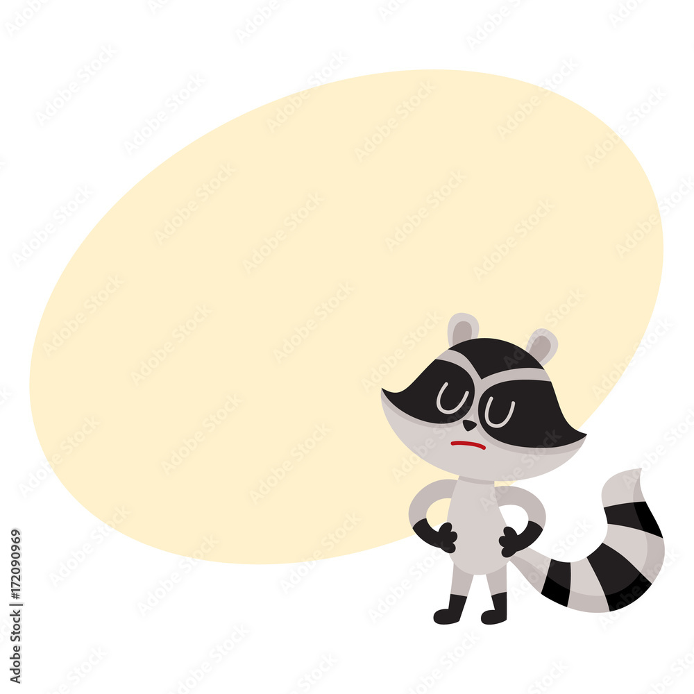 Cute displeased, sad raccoon character showing negative emotion ...