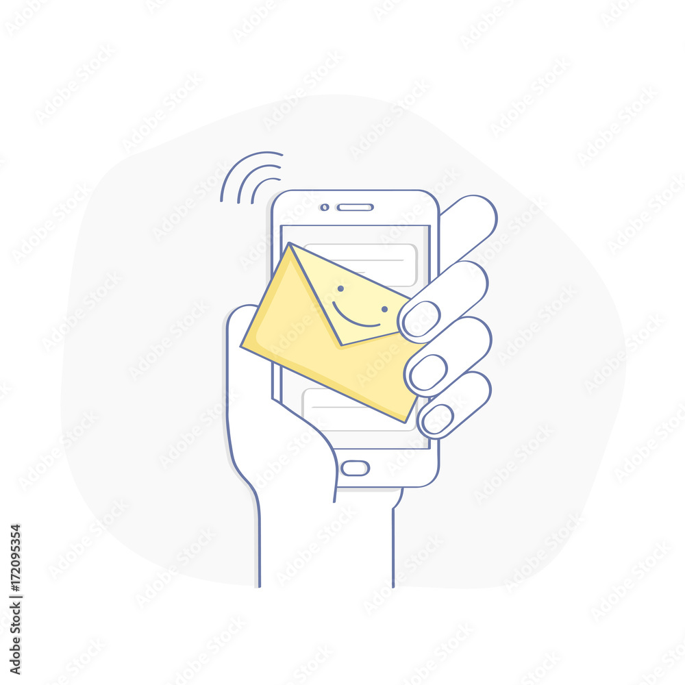 New message notification, inbox letter. Cartoon hand holding smart ...
