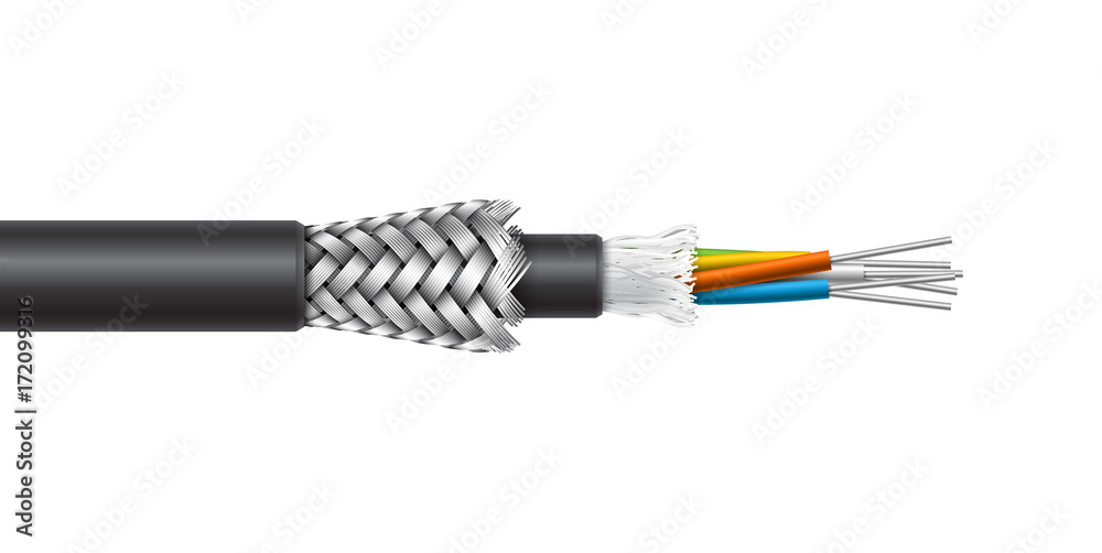 Fiber optic cable with braided armored structure. Vector realistic ...