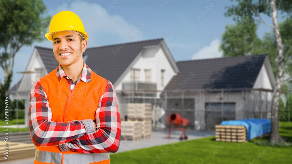 Handwerker vor Haus mit Gerüst bei Renovierung Stock Photo | Adobe Stock