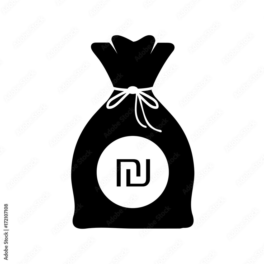 Bag of money with Israeli new shekel logo in black and white icon ...