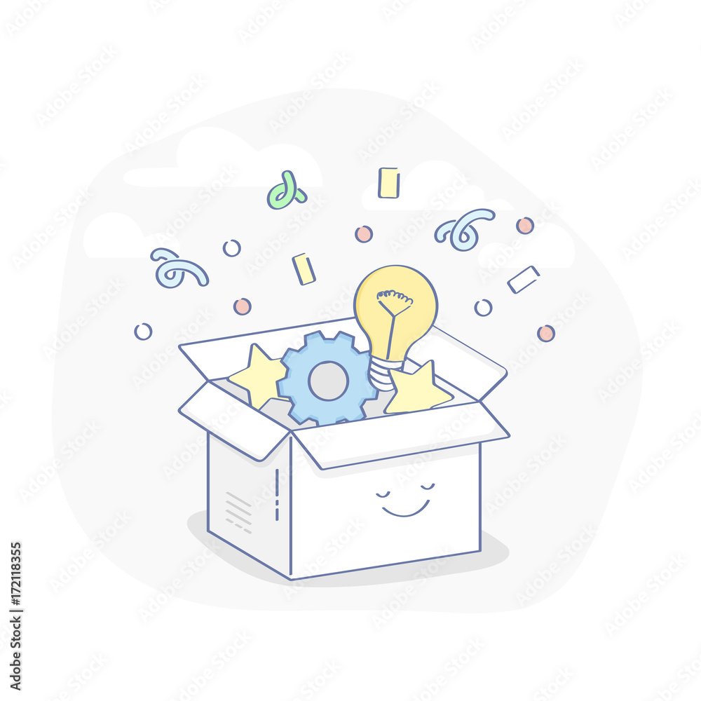 Think outside the box or new Idea Generation. Cute cartoon smiley open ...