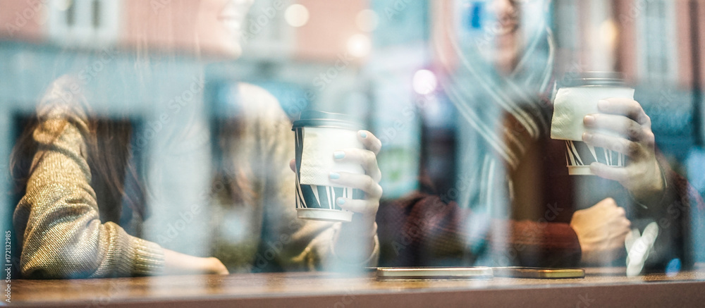 Happy friends drinking coffee in street city bar - Young workers having ...