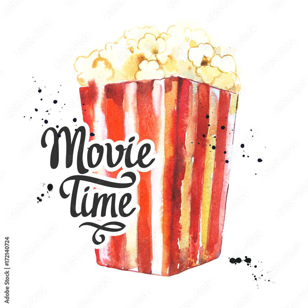 Watercolor illustration with sketch popcorn bucket. Sketch design ...