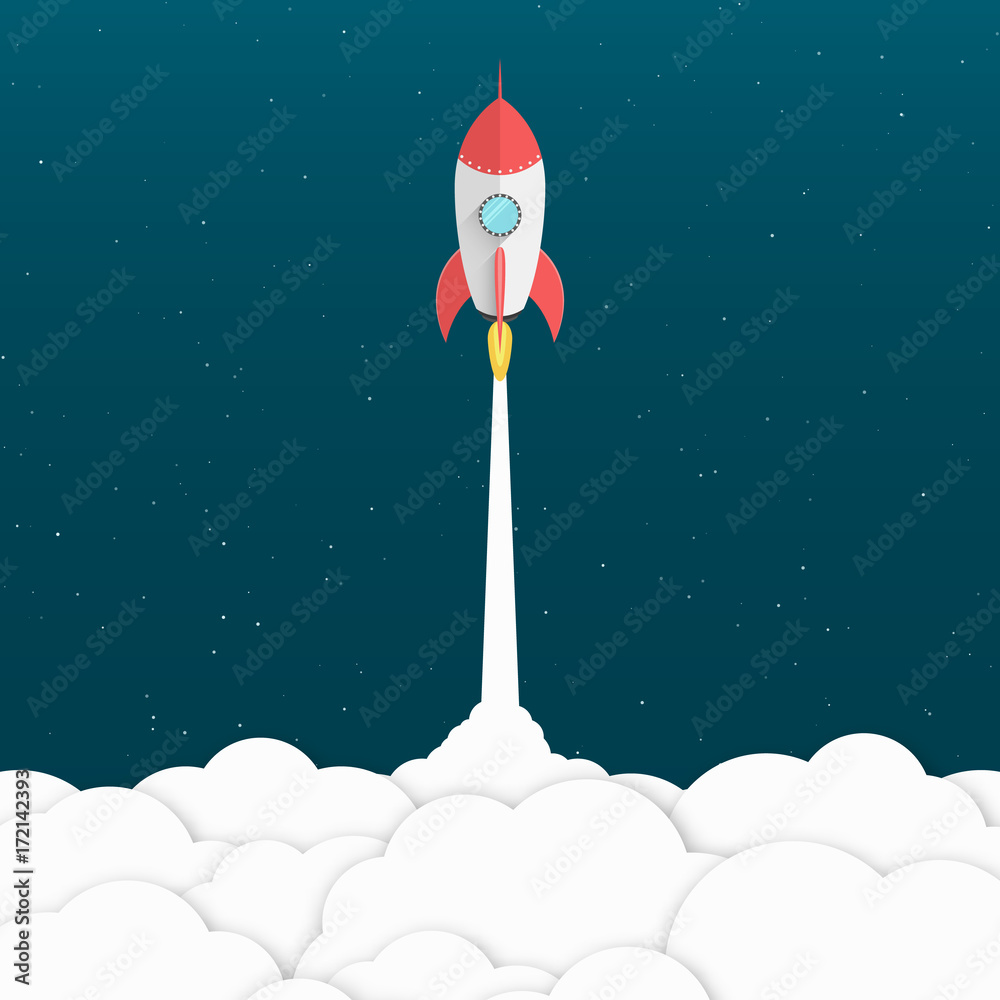 Red cartoon rocket. Background for your projects. White cloud of smoke ...