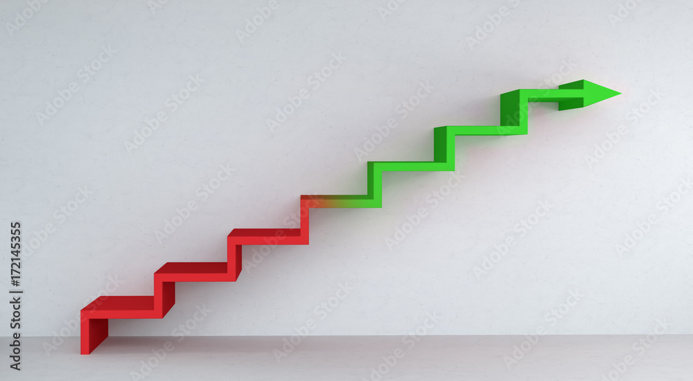 Red and green stairs arrow going up on concrete wall 3D rendering Stock ...