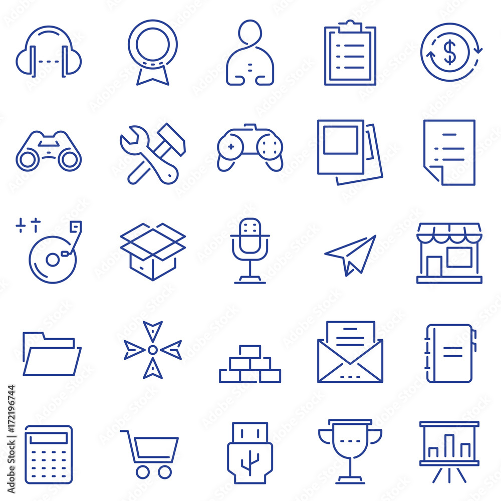 Set of linear outline thin icons of social media and business ...