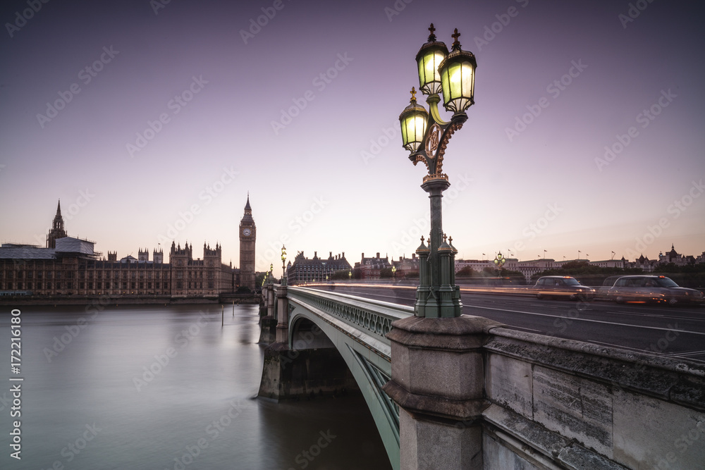Old street lamp frames Westminster Bridge with Big Ben and Westminster ...