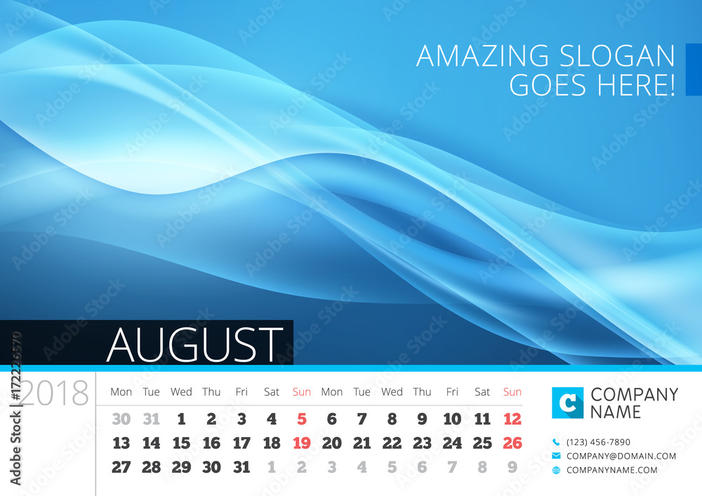Desk line calendar for 2018 Year. August. Vector design print template ...