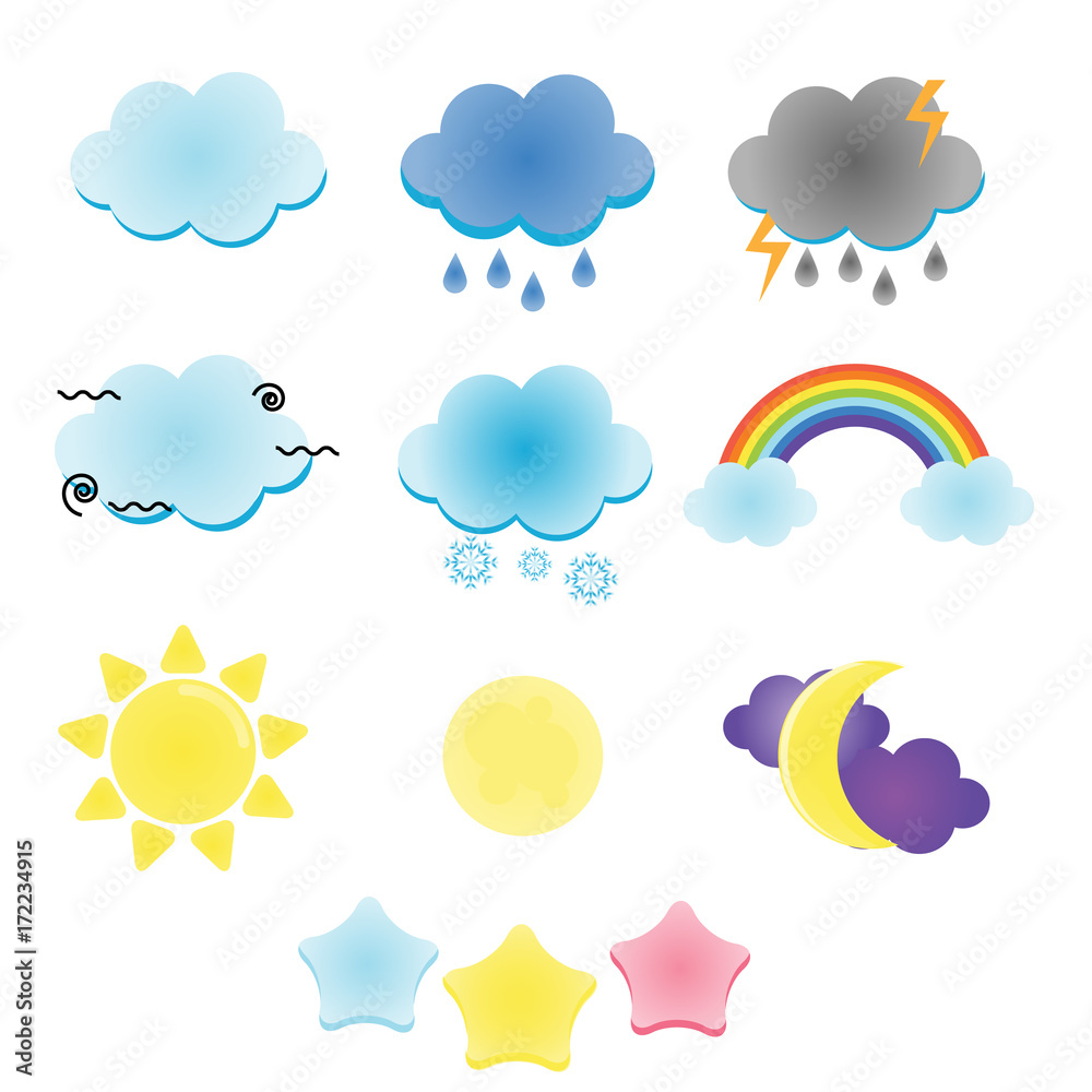 Weather and sky icons. Moon, sun, rain clouds vector illustration Stock ...