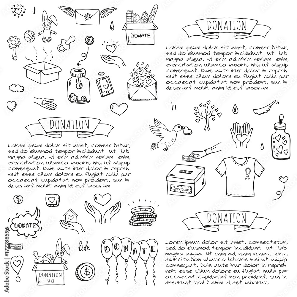 Hand drawn doodle Donation icons set. Vector illustration. Charity ...