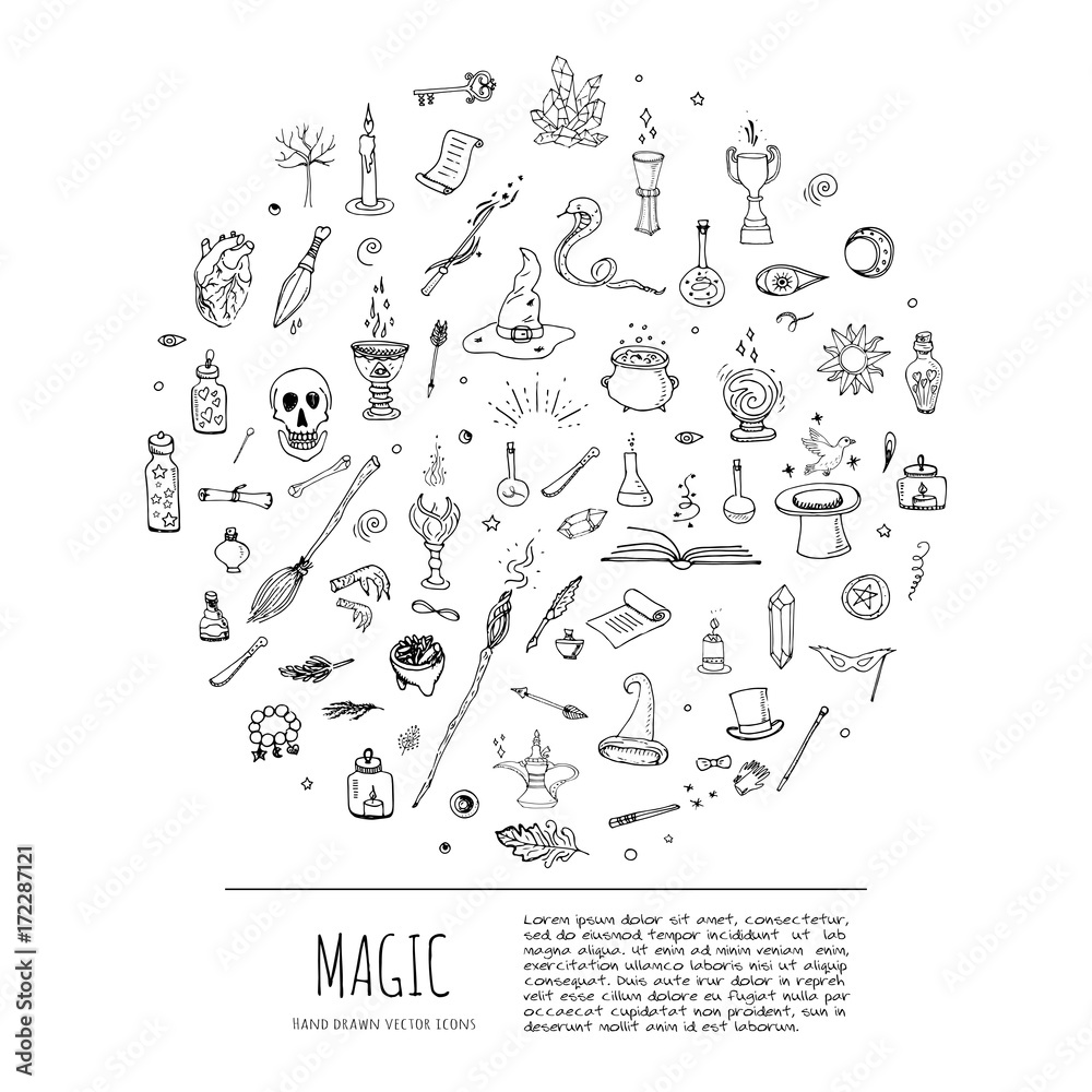 Hand drawn doodle Magic set Vector illustration wizardy, witchcraft ...