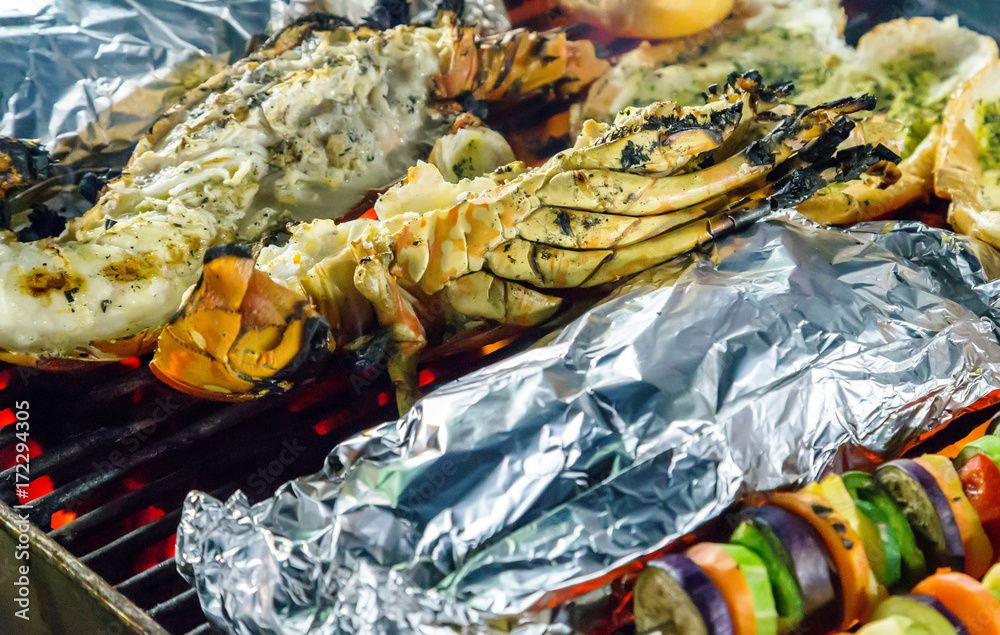 Grill cooking seafood top view Stock Photo | Adobe Stock