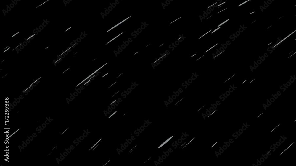 Animated rainfall against black background. Wind gust from top right ...