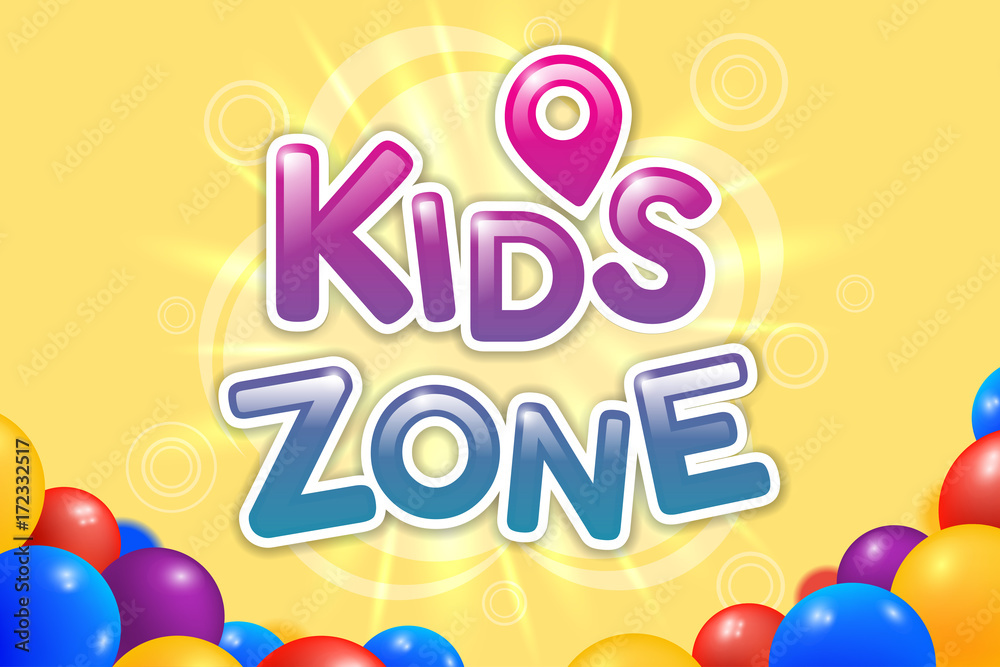 Kids zone colorful banner. Caramel text on yellow background with ...