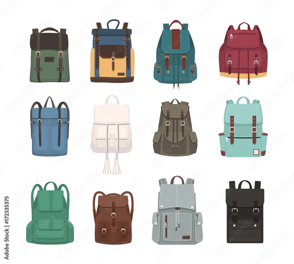Large collection of fashionable backpacks or rucksacks. Modern casual ...