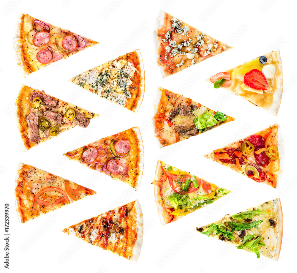 set of Different slices of pizza isolated on white. Delicious fresh ...