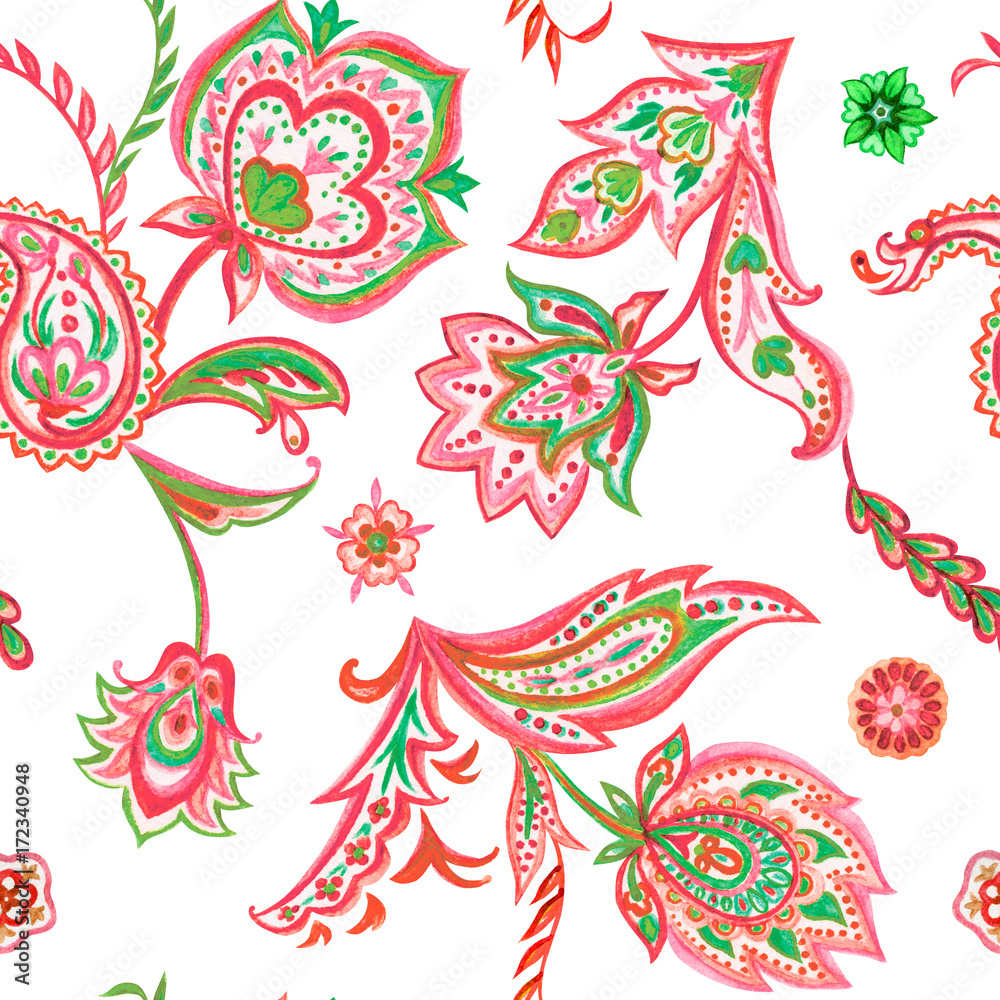Seamless paisley pattern, hand drawing on white background. Stock ...