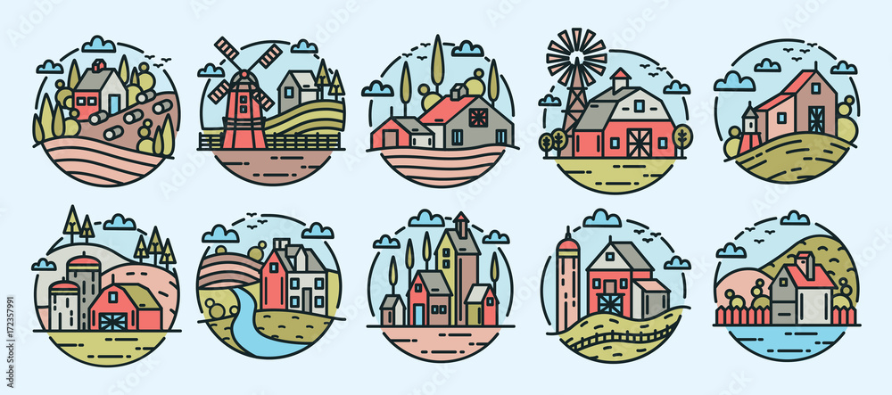 Collection of colorful logotypes with rural or countryside landscapes ...