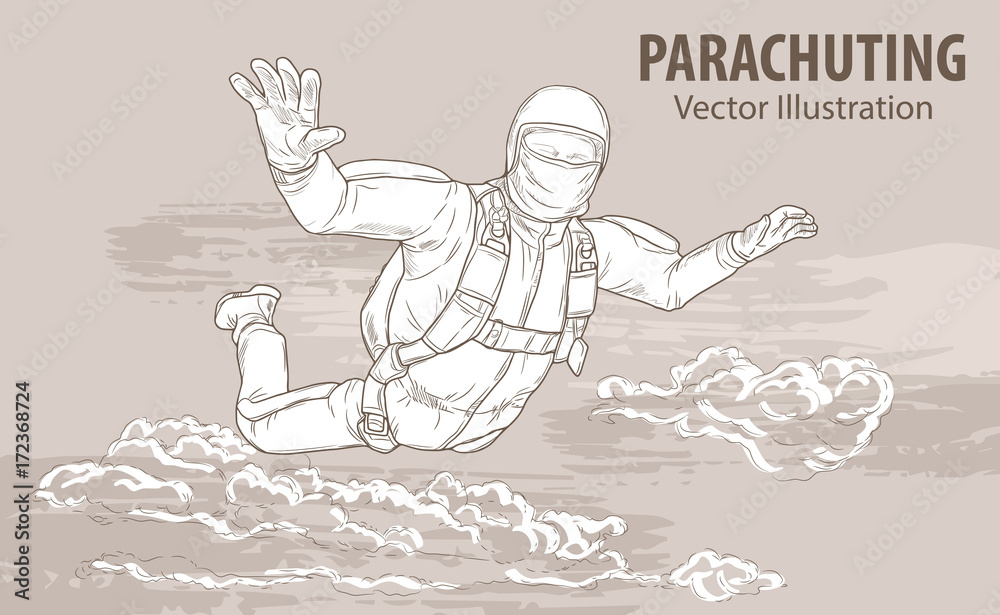 Hand sketch of skydiving athlete in the clouds. Vector sport ...