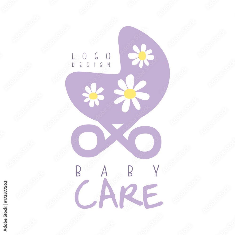 Baby care logo design, emblem with purple baby stroller, label for kids ...