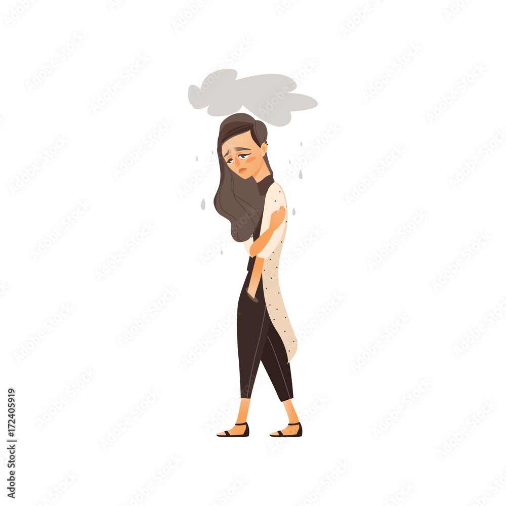 vector flat cartoon young woman suffering from depression. Unhappy ...