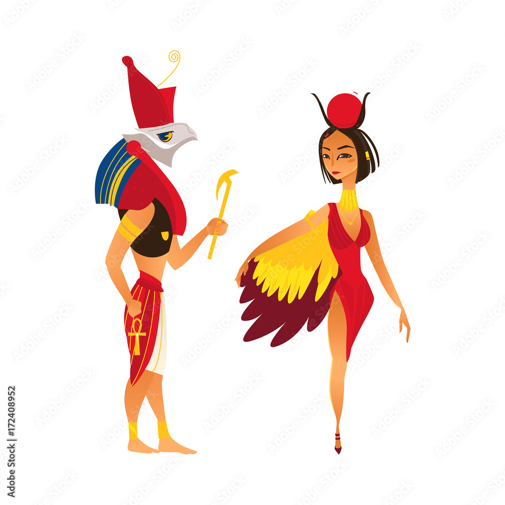 Horus and Hathor, ancient Egypt god and goddess, flat cartoon vector ...