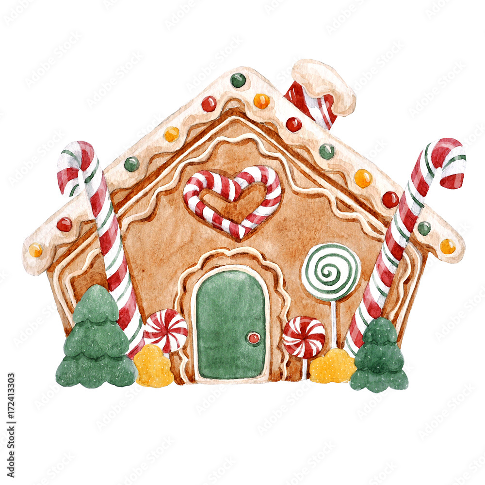 Watercolor gingerbread house Stock Illustration | Adobe Stock