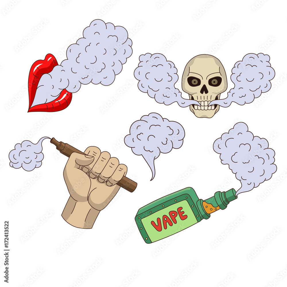 Set of vaping elements and symbols - smoke, skull, vaporizer, e ...