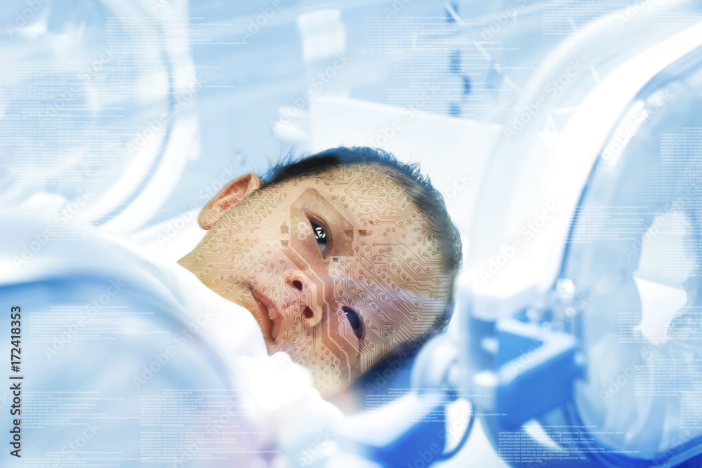 Synthetic baby , artificial intelligence robot technology concept. Baby ...