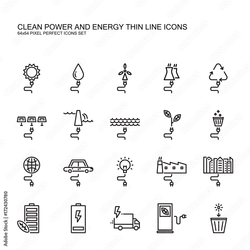 Clean power and Green energy thin line icons set. Clean electrical ...