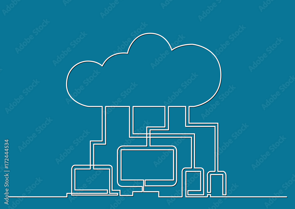 one line drawing of isolated vector object - digital devices connected ...