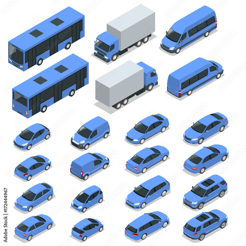 Flat isometric high quality city transport car icon set. Car, van ...