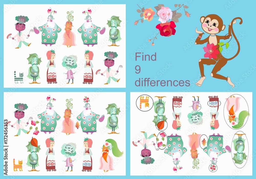Find differences. Visual game for children and adults with cheerful ...