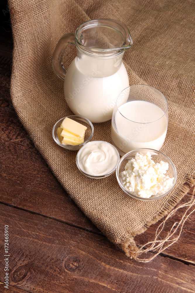 milk products. tasty healthy dairy products on a table Stock Photo ...