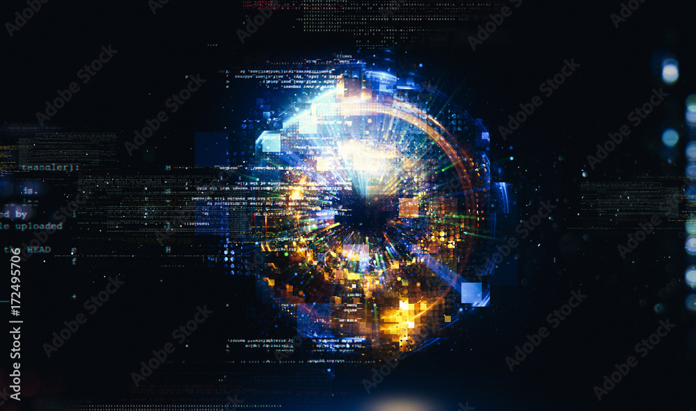 Abstract tech background. Floating Numbers HUD Background. Matrix particles grid virtual reality ...