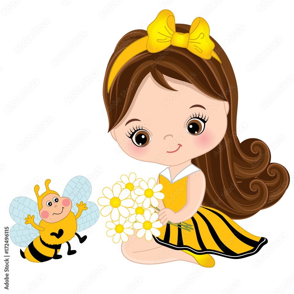 Vector Cute Little Girl with Bee and Flowers Stock Vector | Adobe Stock