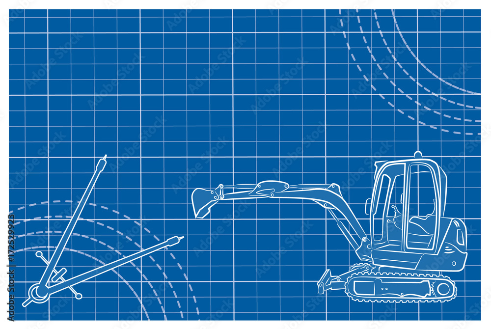 Excavator line art vector illustration on a blueprint background ...