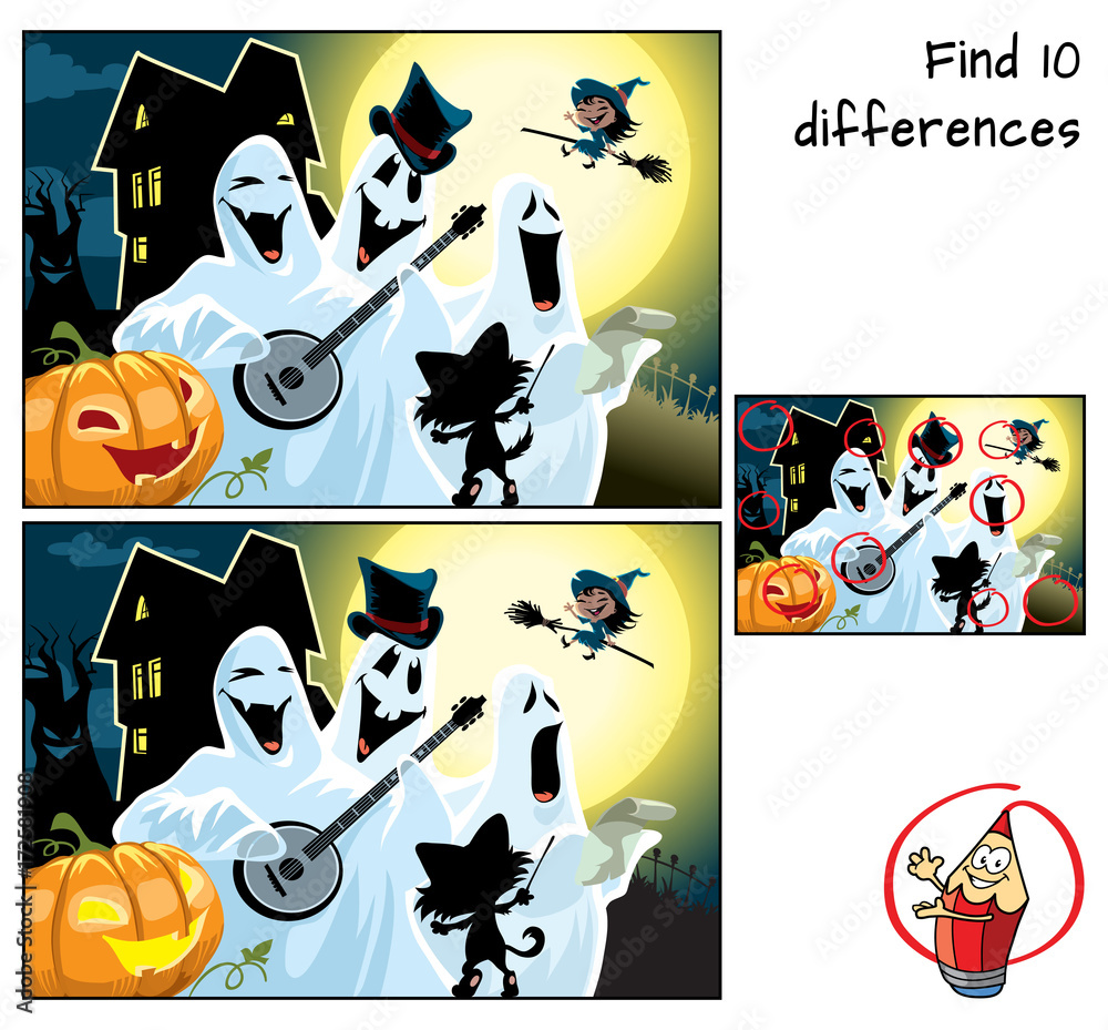 Halloween party with ghosts, cat, pumpkin, moon and a little witch on a ...