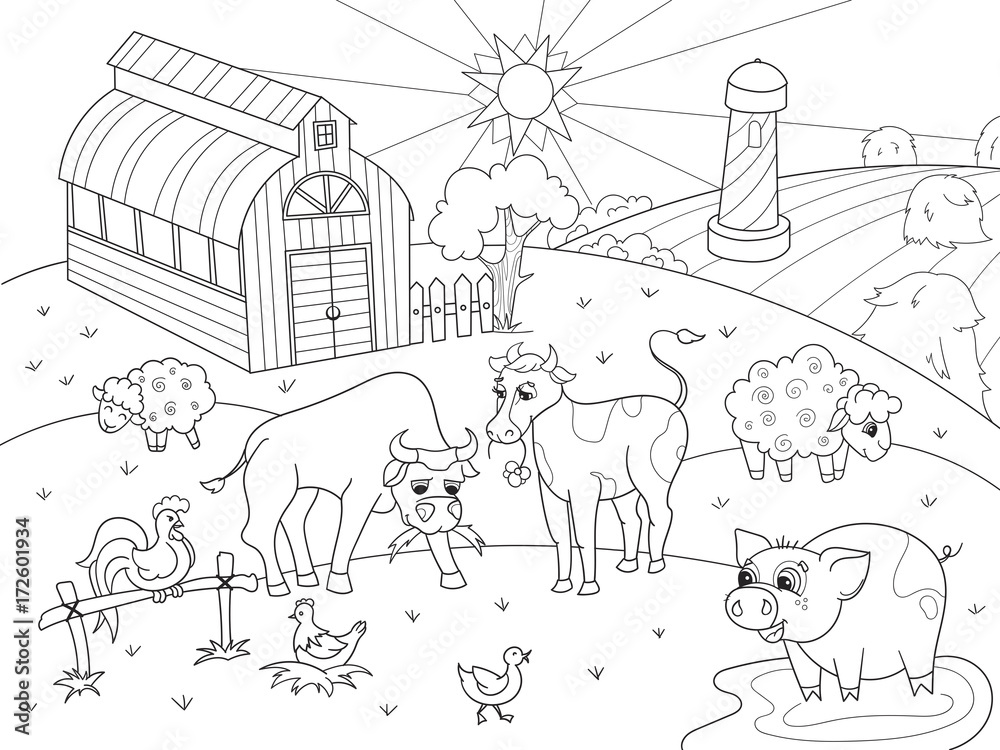 Farm animals and rural landscape coloring vector for adults Stock ...