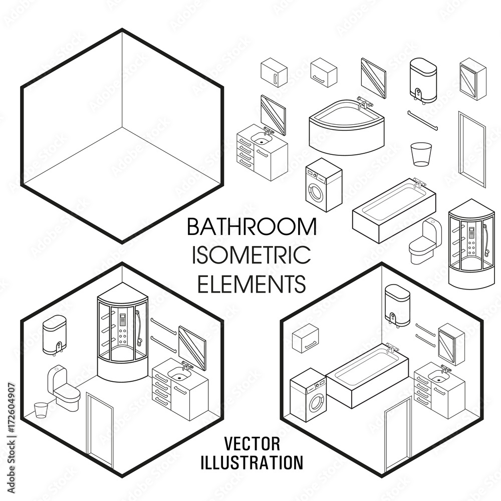 Isometric bathroom interior constructor. Vector set of isometric Furniture elements of home ...