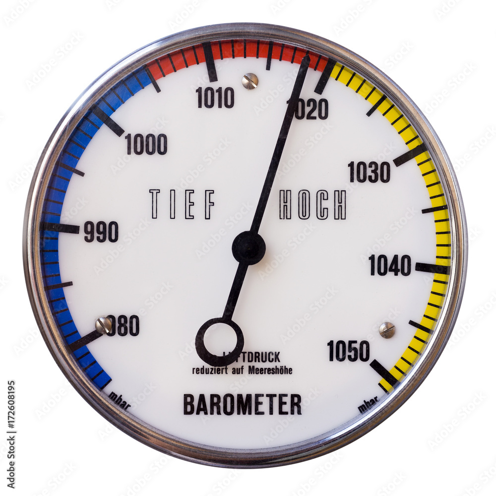 Round analog barometer with scale and inscriptions 'low', 'high ...
