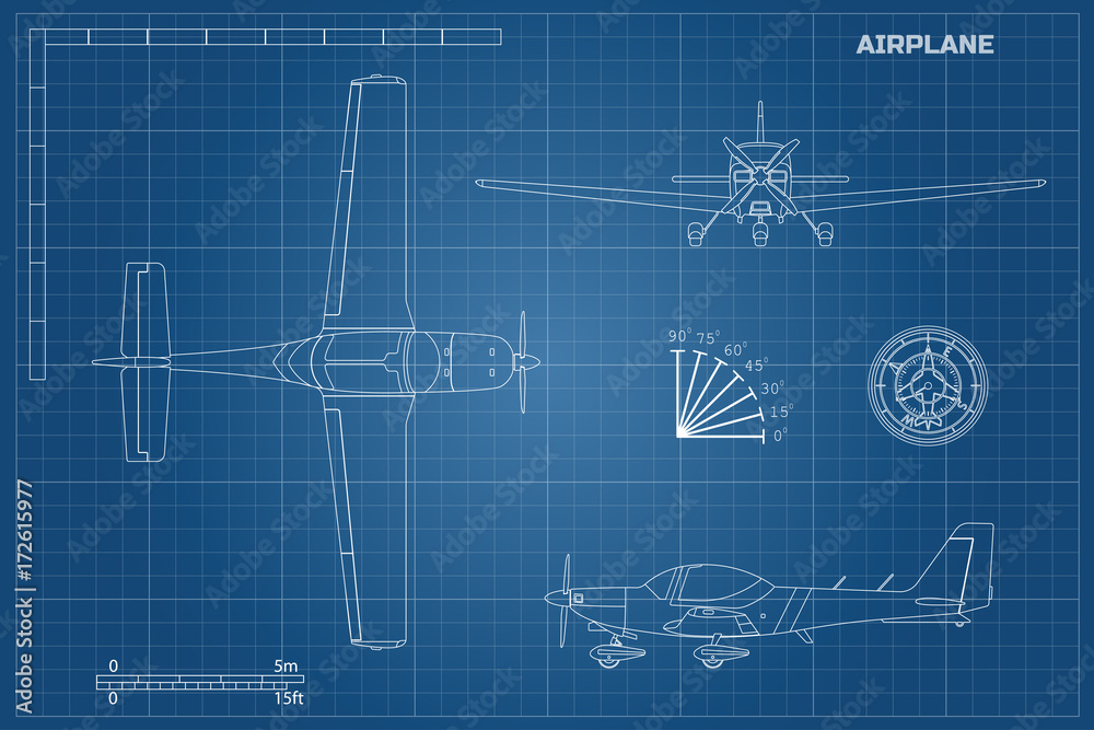Engineering blueprint of plane. Fast sport airplane view top, side and ...