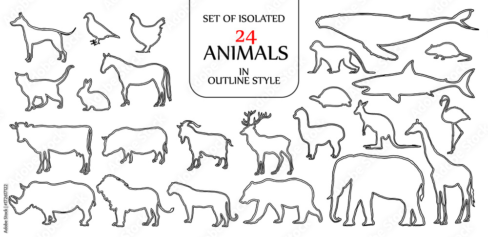Set of isolated 24 animals illustration in double black outline style ...