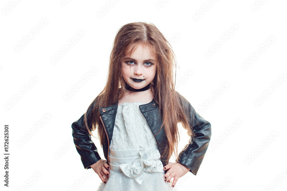 Girl in Bride of Chucky Doll costume isolated on white. Halloween ...