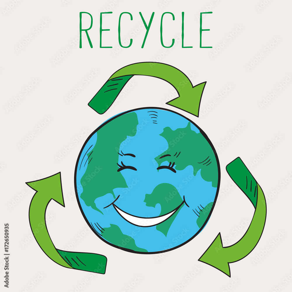 Cartoon style Earth happy when people recycling waste Stock Vector ...