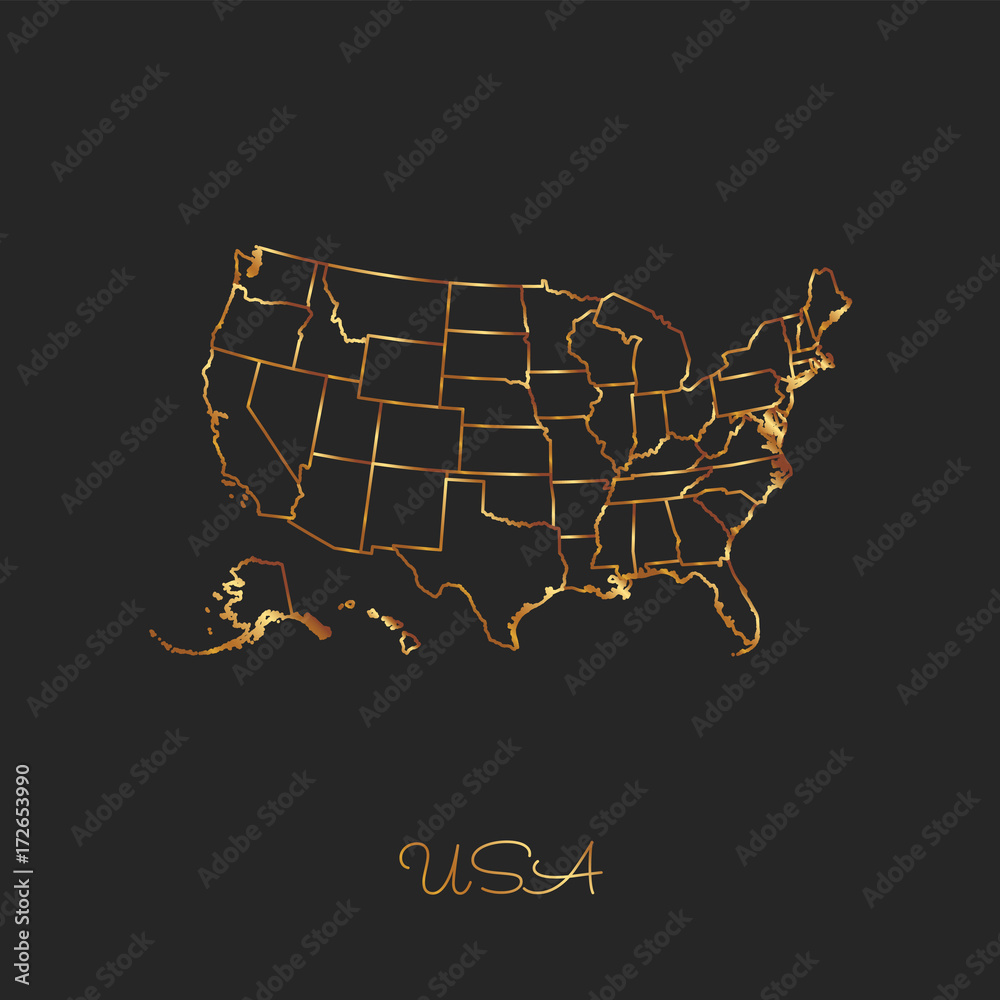 USA region map: golden gradient outline on dark background. Detailed ...