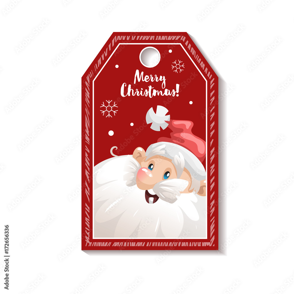 Cartoon looking red Christmas tag or label with smiling Santa Claus in ...