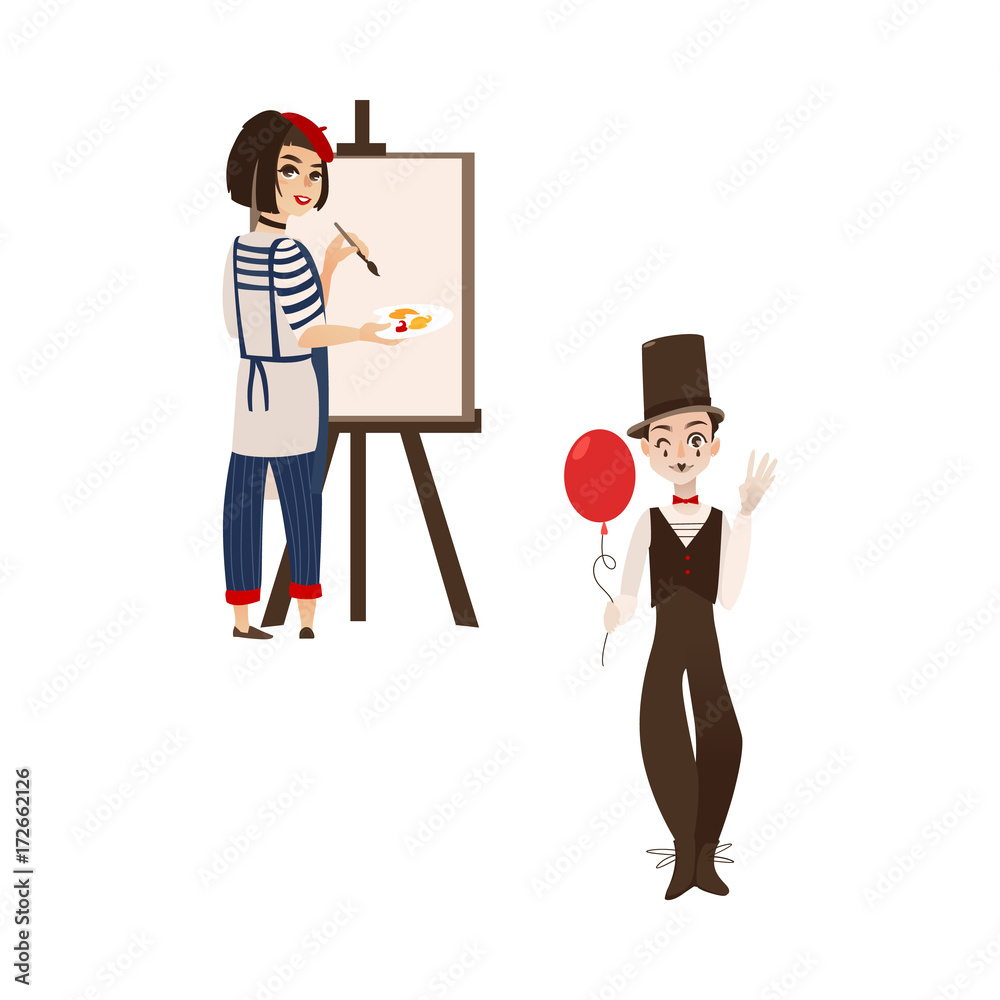 French characters, typical artist and mime, symbols of France, flat ...