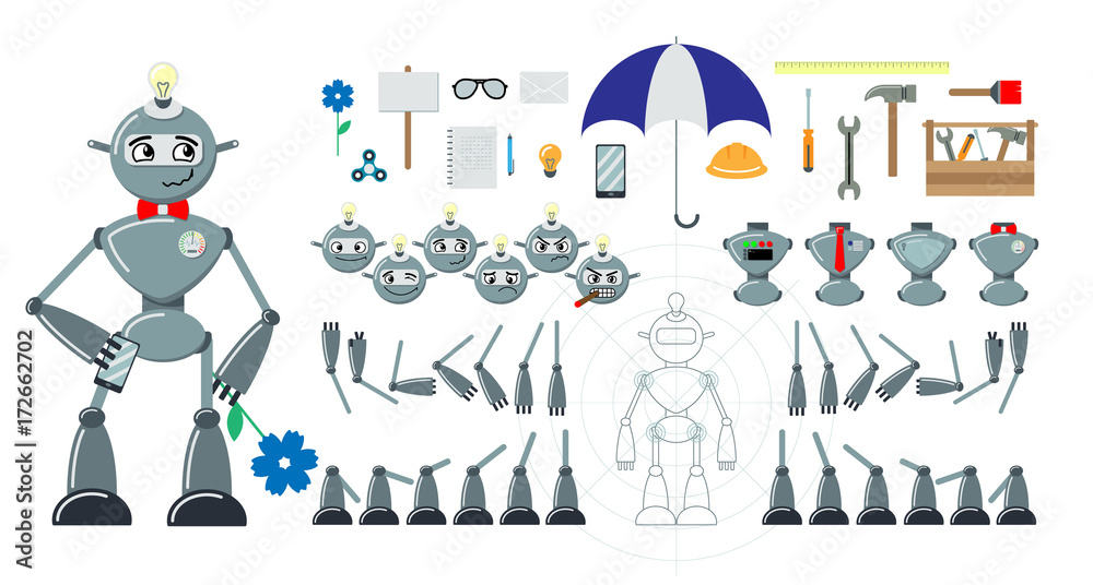 Cartoon robot flat constructor. Set of heads with emoji, bodies, legs ...